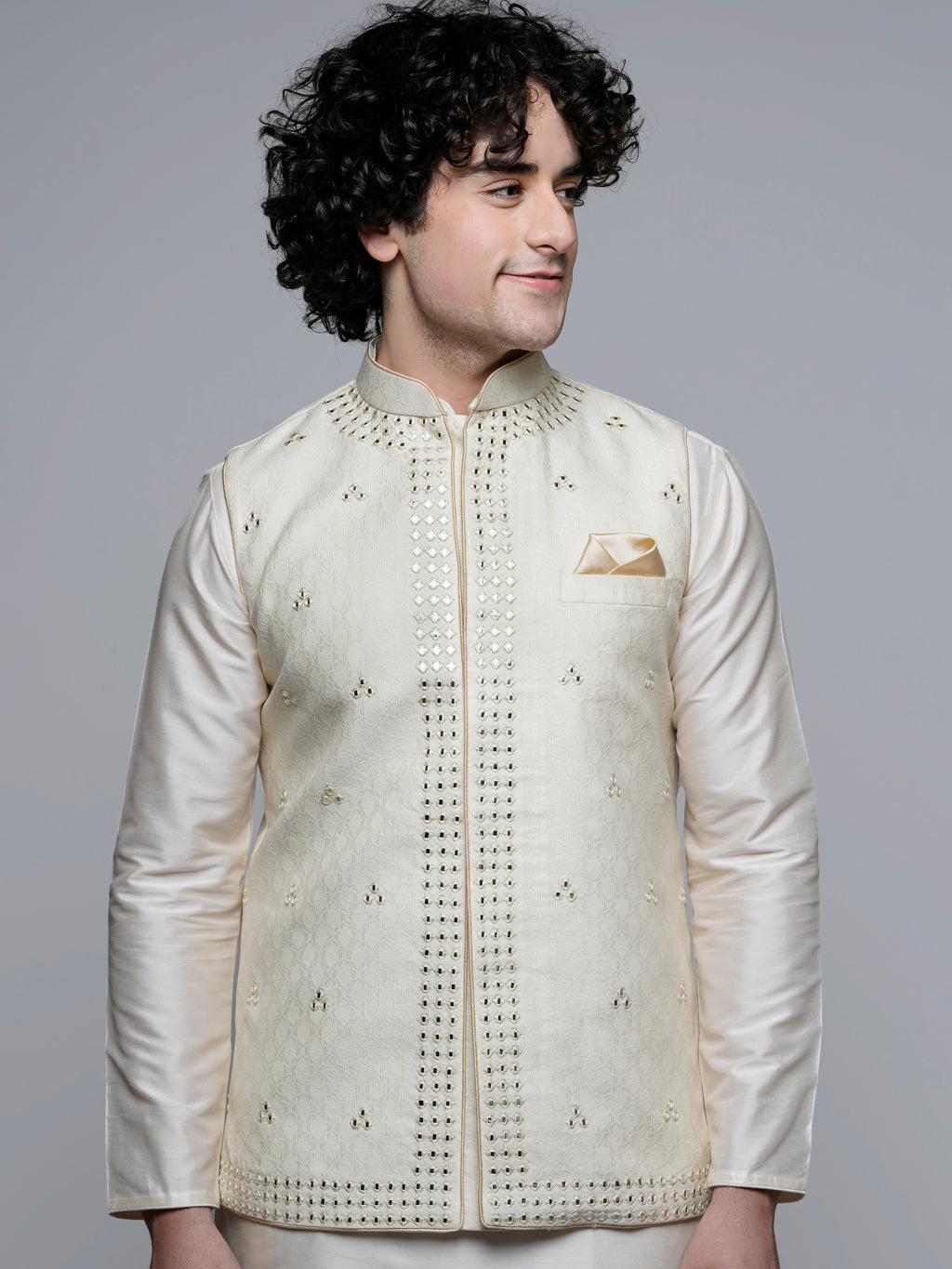 Men's Cream Mirror Work Jacket and Kurta Set – Maahi Fabs